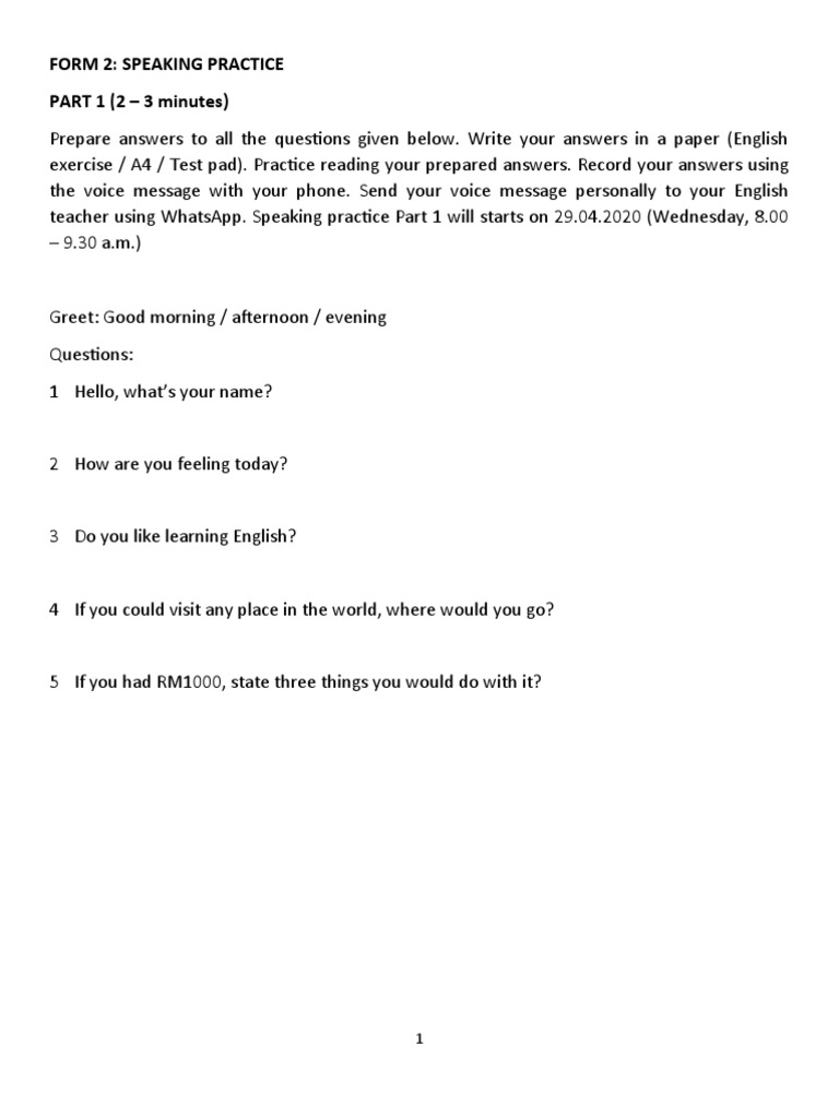 FORM 2 Speaking Practice | PDF