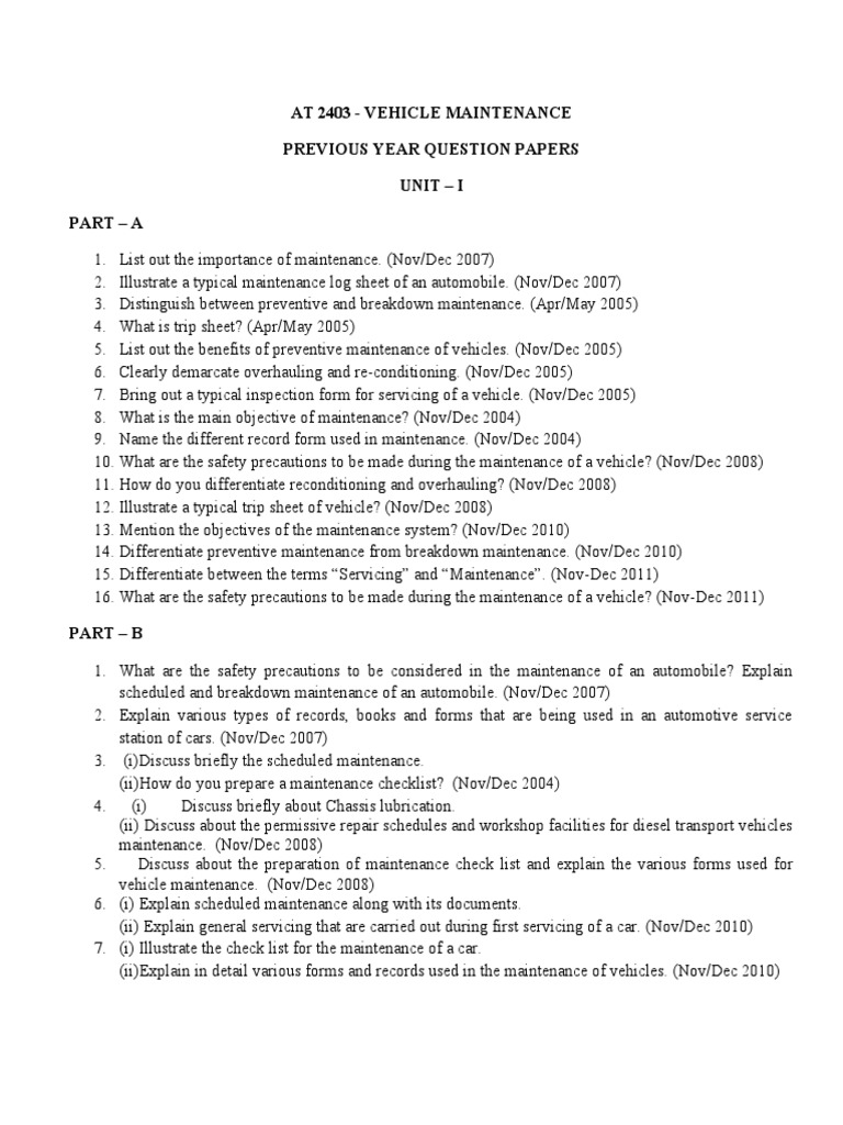 Vehicle Maintenance Exam Questions PDF | PDF | Clutch | Ignition System