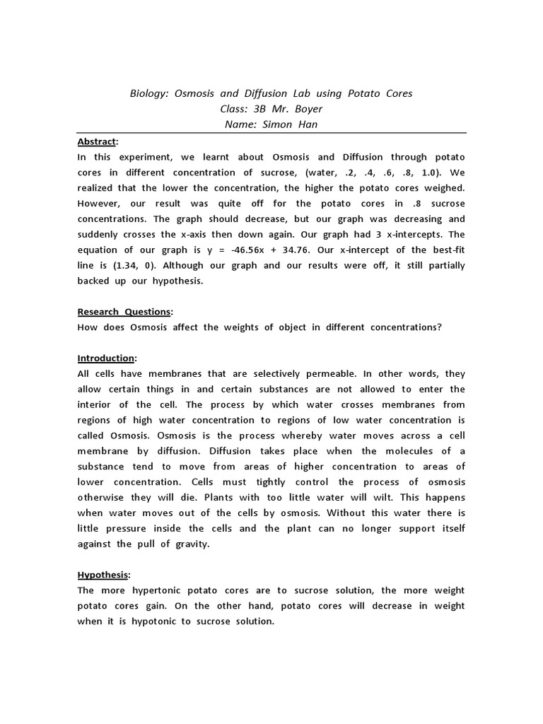 Sample Lab Report On Osmosis and Diffusion Lab Using Potato Cores Lab ...