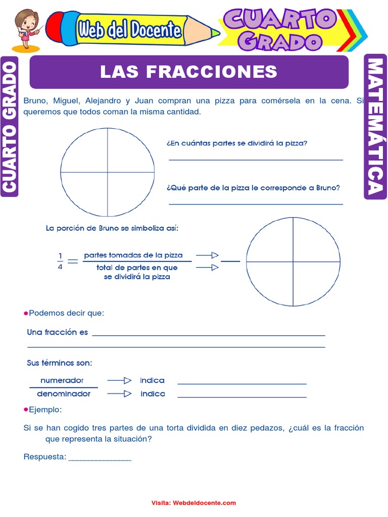 Lectura y Escritura de Fracciones para Cuarto Grado de Primaria | PDF