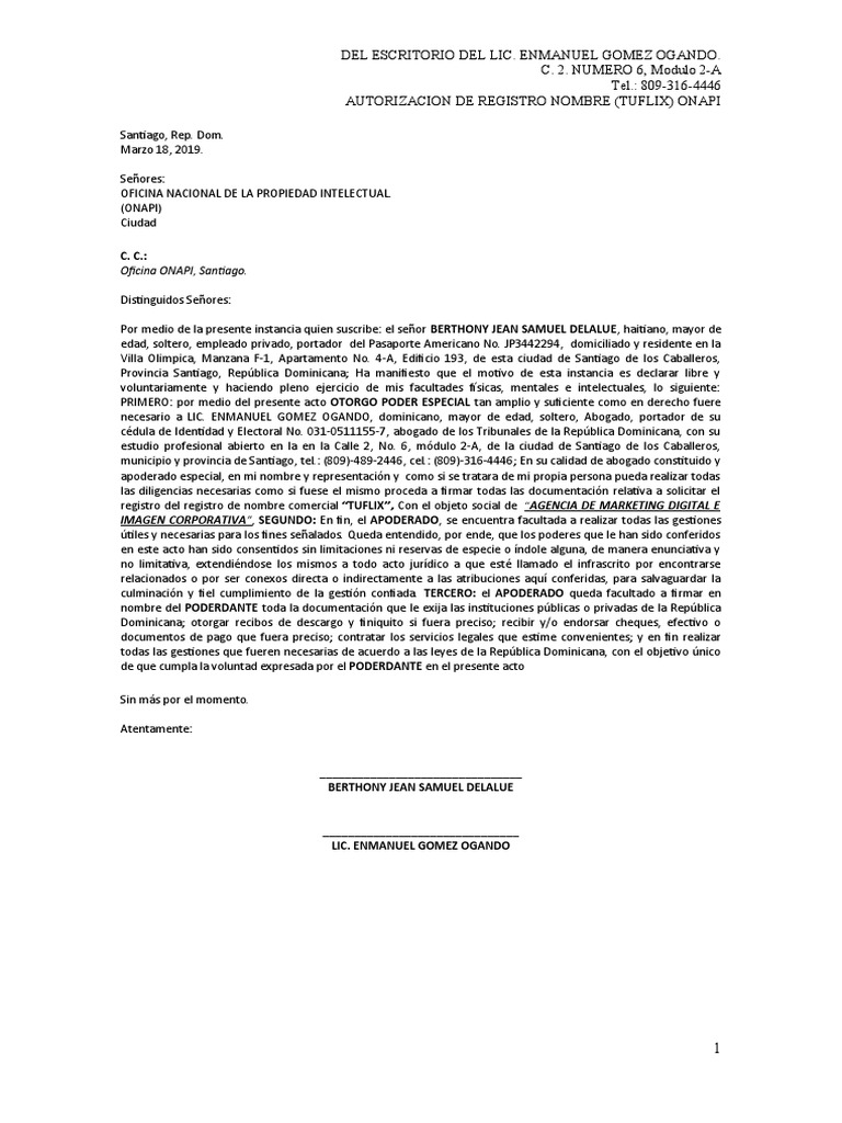 Carta de Autorizacion Solicitud de ONAPI Registo Nombre HOTSPOT ...