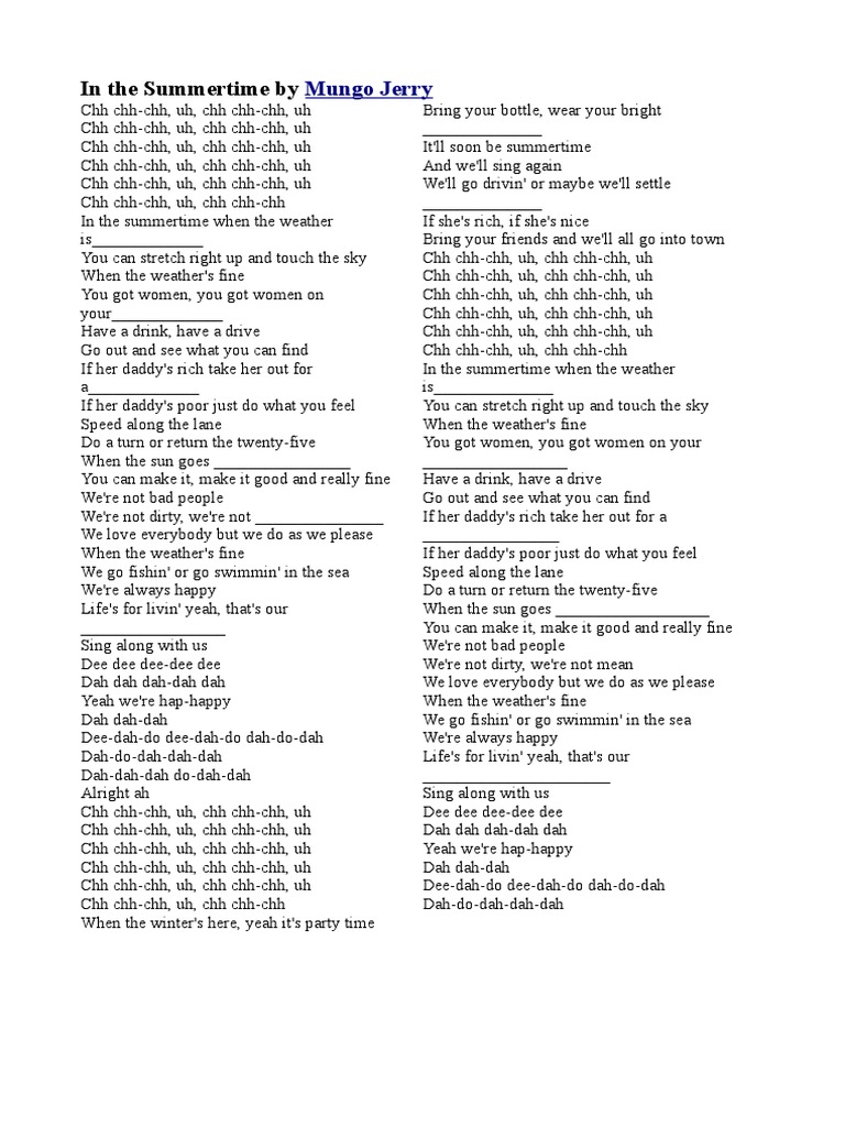 Mungo Jerry: In the Summertime Lyrics | PDF | Songs Written | Nature