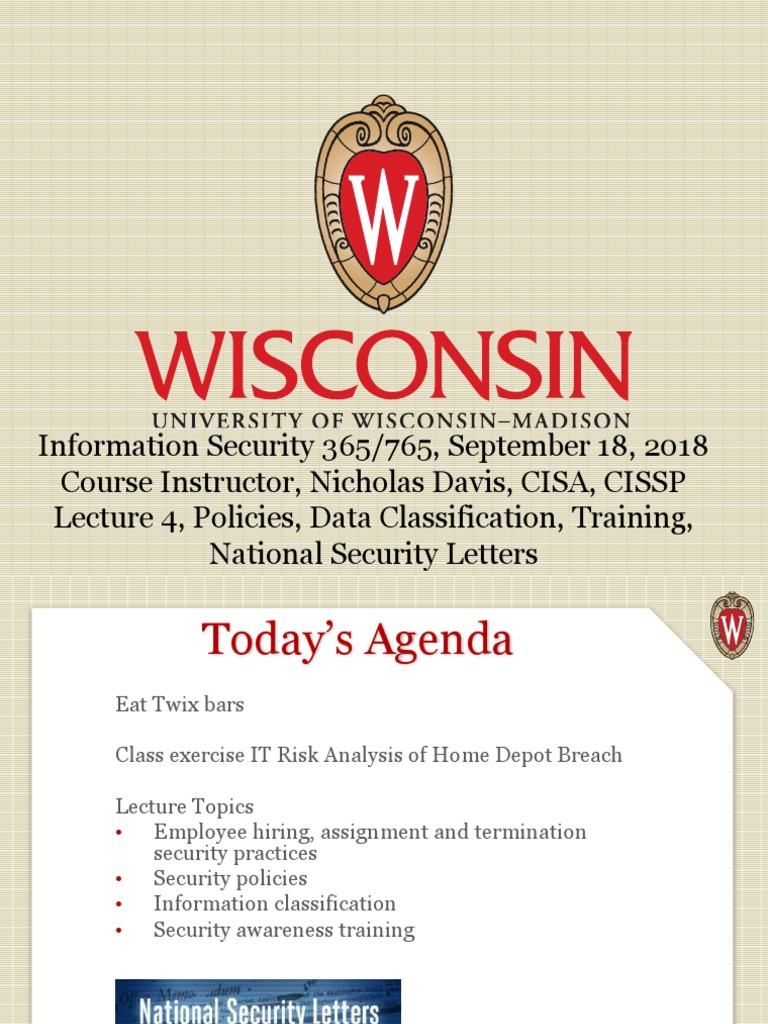 Information Systems 365 765 Lecture 4 Policies Data Classification Training National