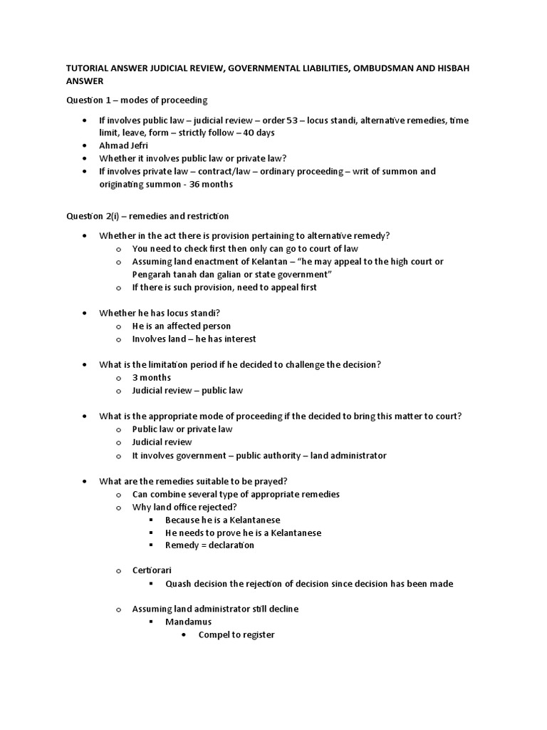 Tutorial Answer Judicial Review | PDF | Legal Remedy | Standing (Law)