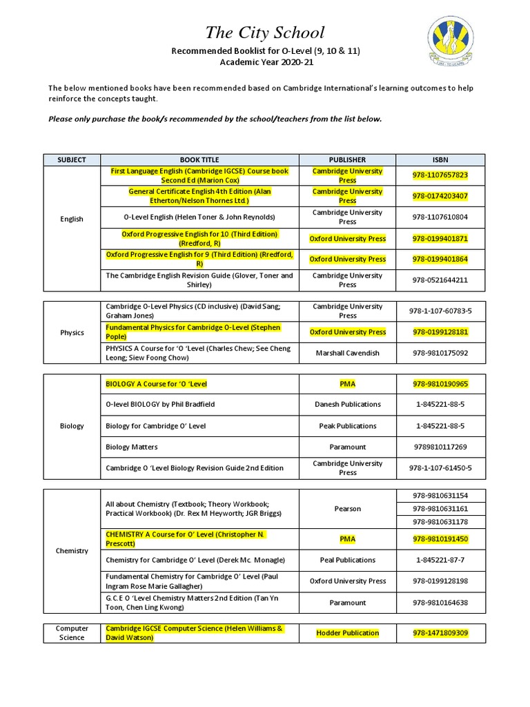 O Level Booklist 2020-21 | PDF | University Of Cambridge | Books