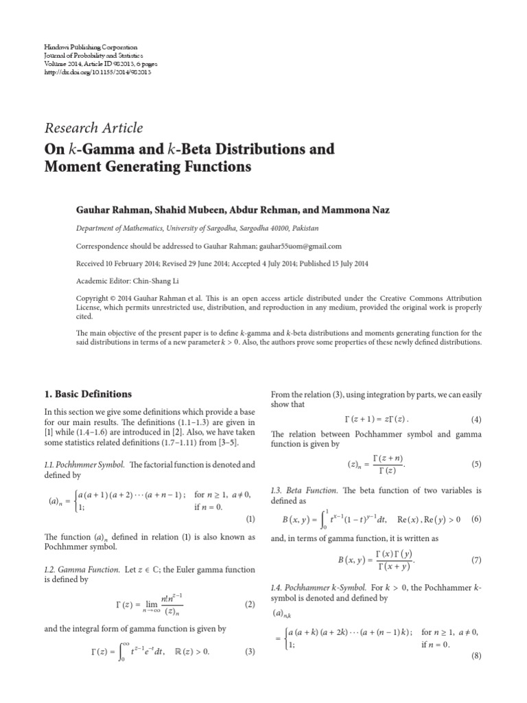 On K Gamma and K Beta Distributions and Moment Generating Functions ... On K Gamma and K Beta Distributions and Moment Generating Functions ...