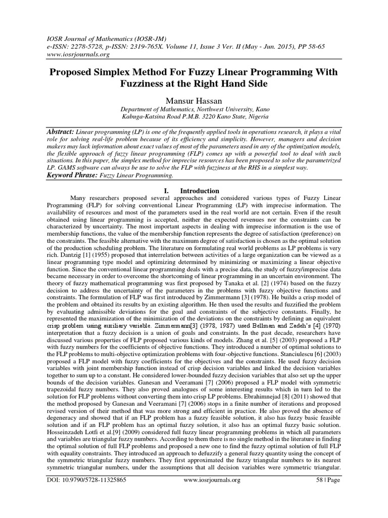 Proposed Simplex Method For Fuzzy Linear PDF | PDF | Linear Programming | Mathematical Optimization