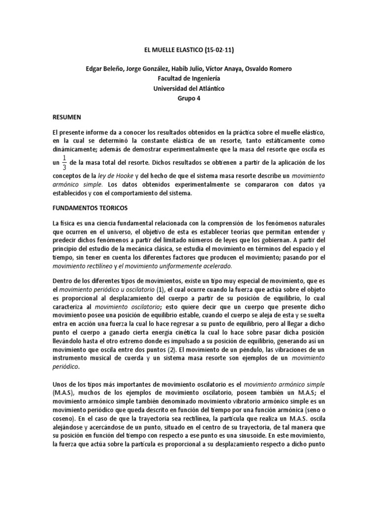Estudio del Muelle Elástico y su Periodo | PDF | Oscilación | Naturaleza