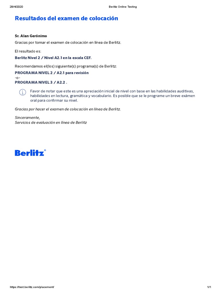 Berlitz Online Testing PDF | PDF