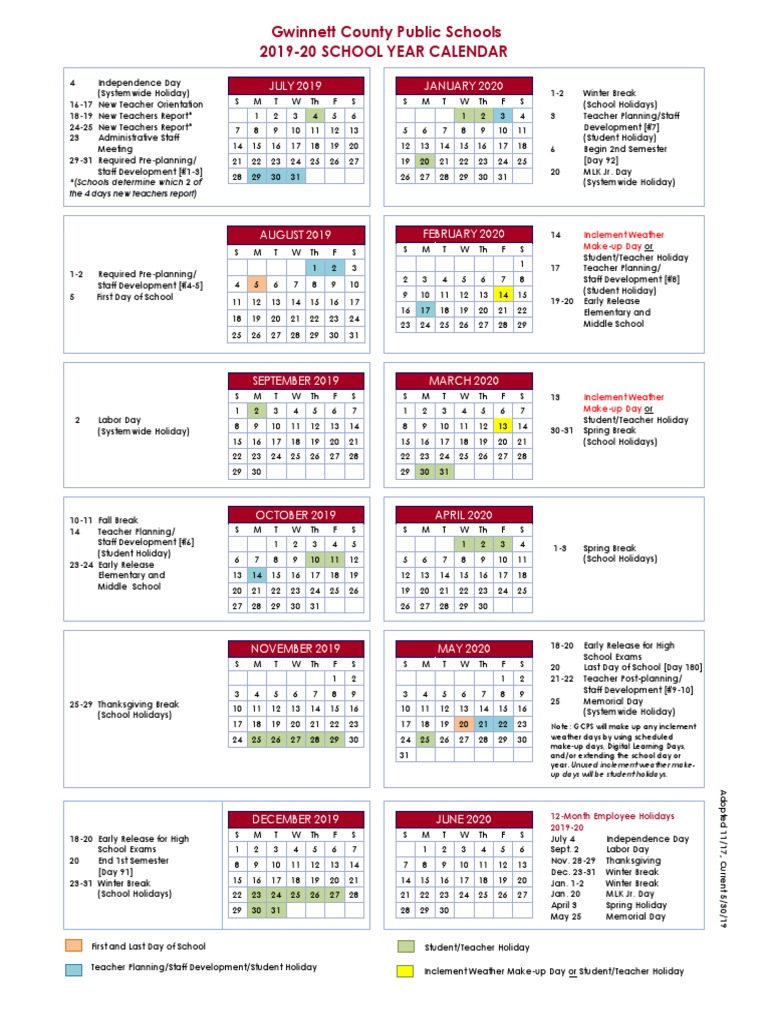 2019-20 School Year Calendar | Download Free PDF | Academic Term ...