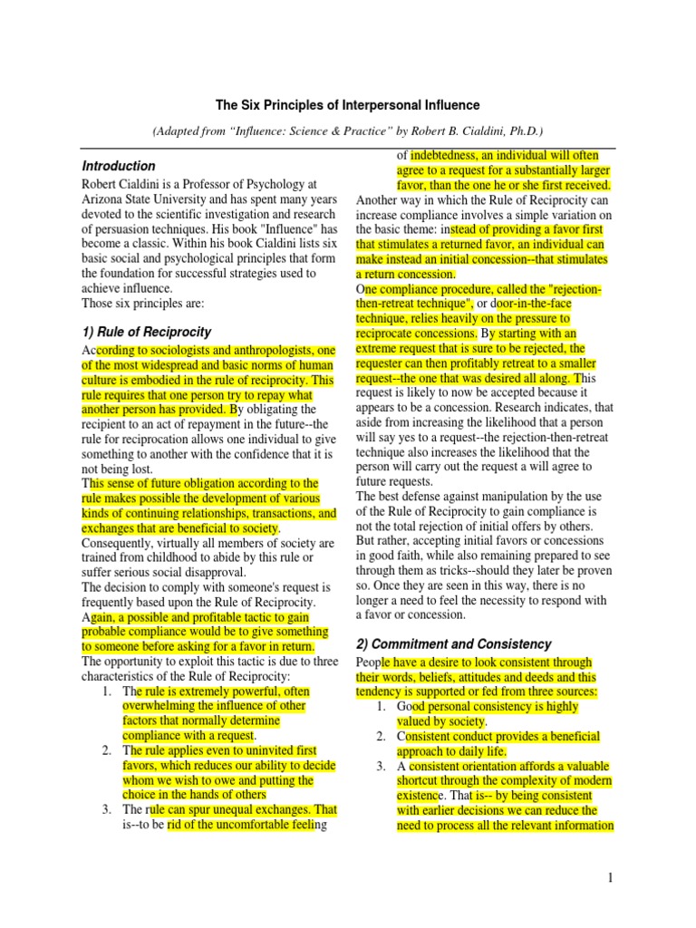 13 - Cialdini - Six Principles of Interpersonal Influence PDF | PDF ...