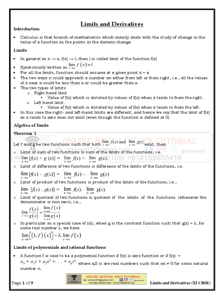 Chapter 13 - Limits and Derivatives Revision Notes Online DT1 | PDF ...