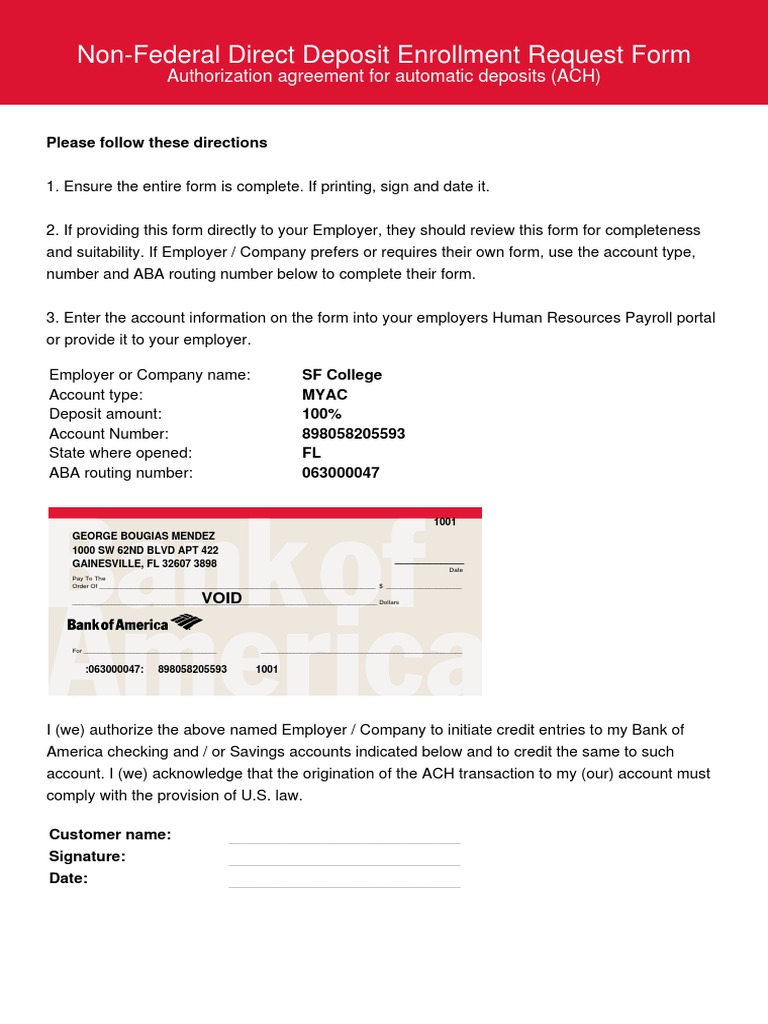 Non-Federal Direct Deposit Enrollment Request Form: Authorization ...