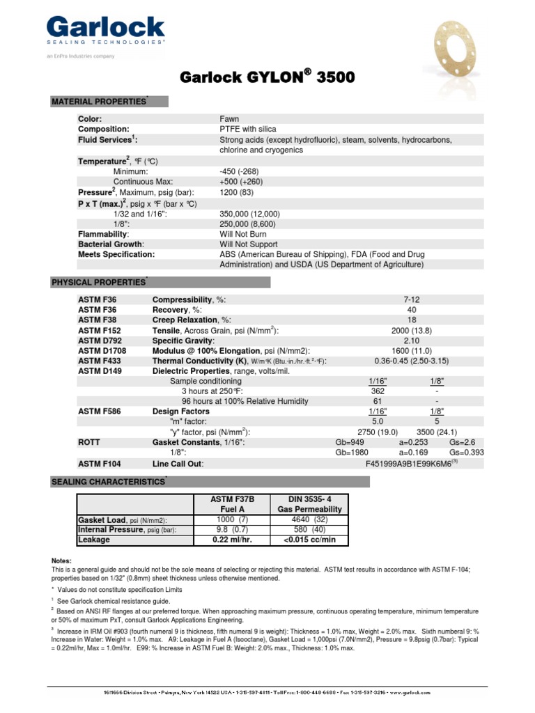 Garlock GYLON 3500 | PDF | Materials | Chemistry