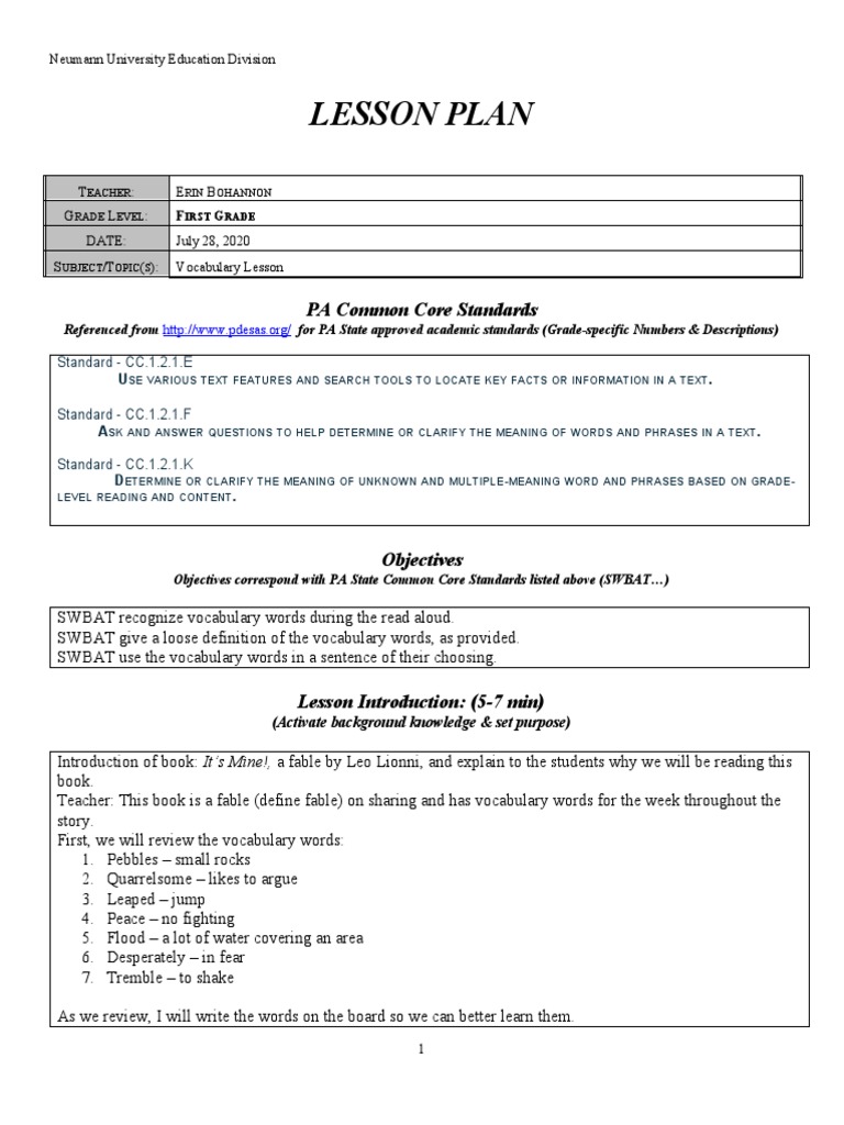 Lesson Plan: PA Common Core Standards | PDF | Teaching | Cognition