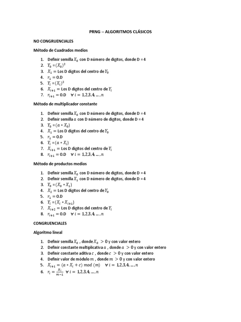 PRNG - Algoritmos Clásicos | PDF | Entero | Teoría del anillo