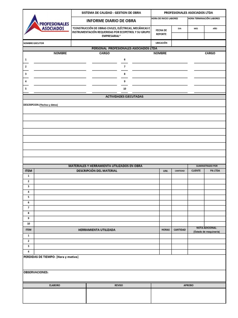 Formato Reporte Diario de Obra | PDF | Business | Informática y ...