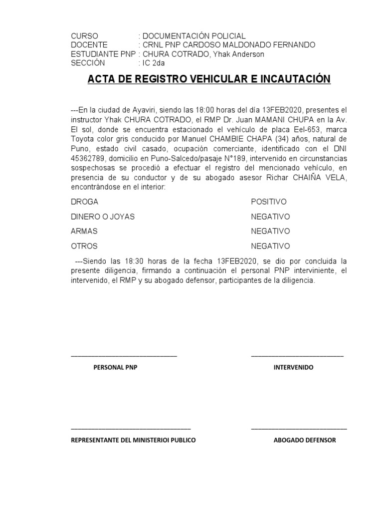 Acta de Registro Vehicular | PDF