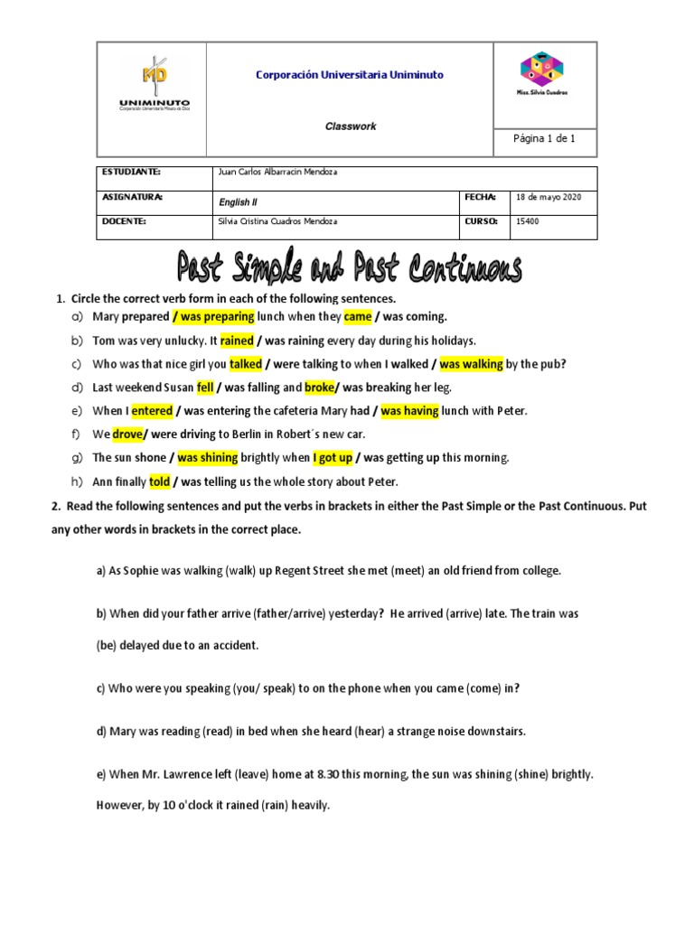 Classwork Past Simple Vs Past Progressive | PDF