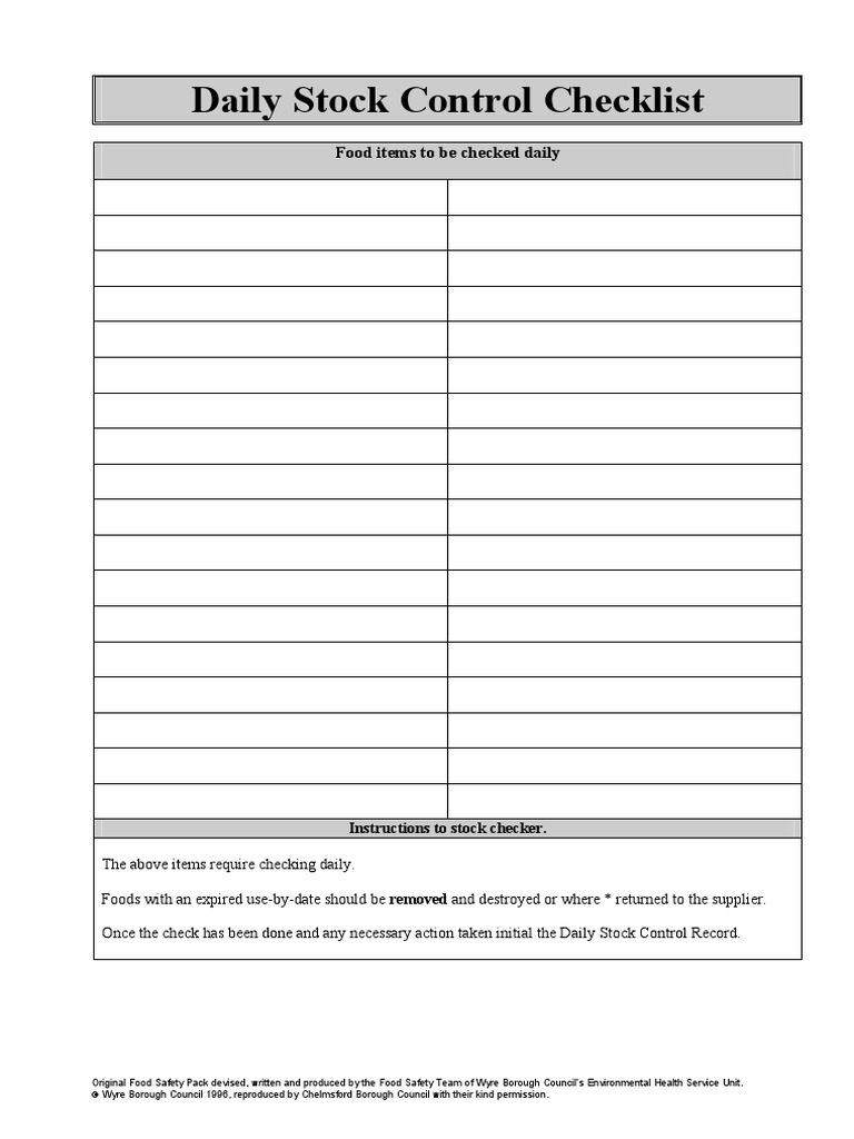 Daily Food Stock Control Checklist | PDF | Foods