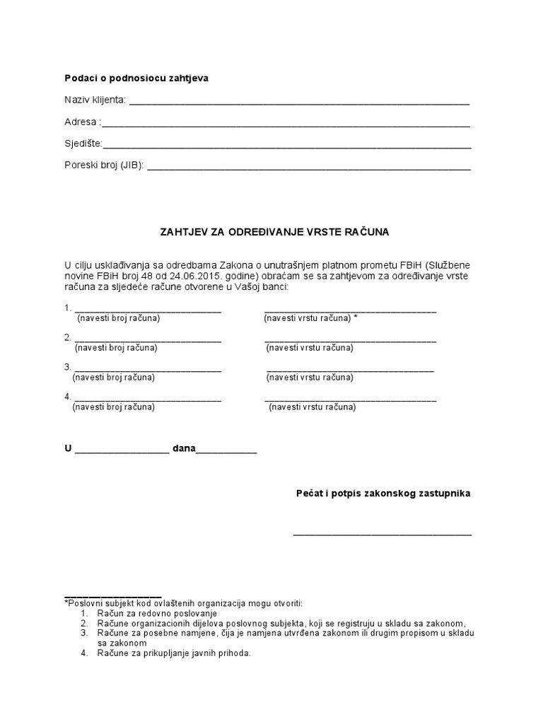Zahtjev Za Odredjivanje Vrste Racuna | PDF