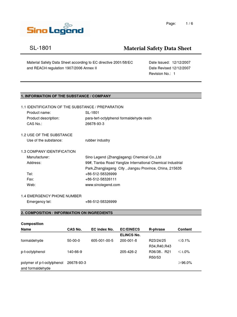 Material Safety Data Sheet: 1. Information of The Substance / Company ...