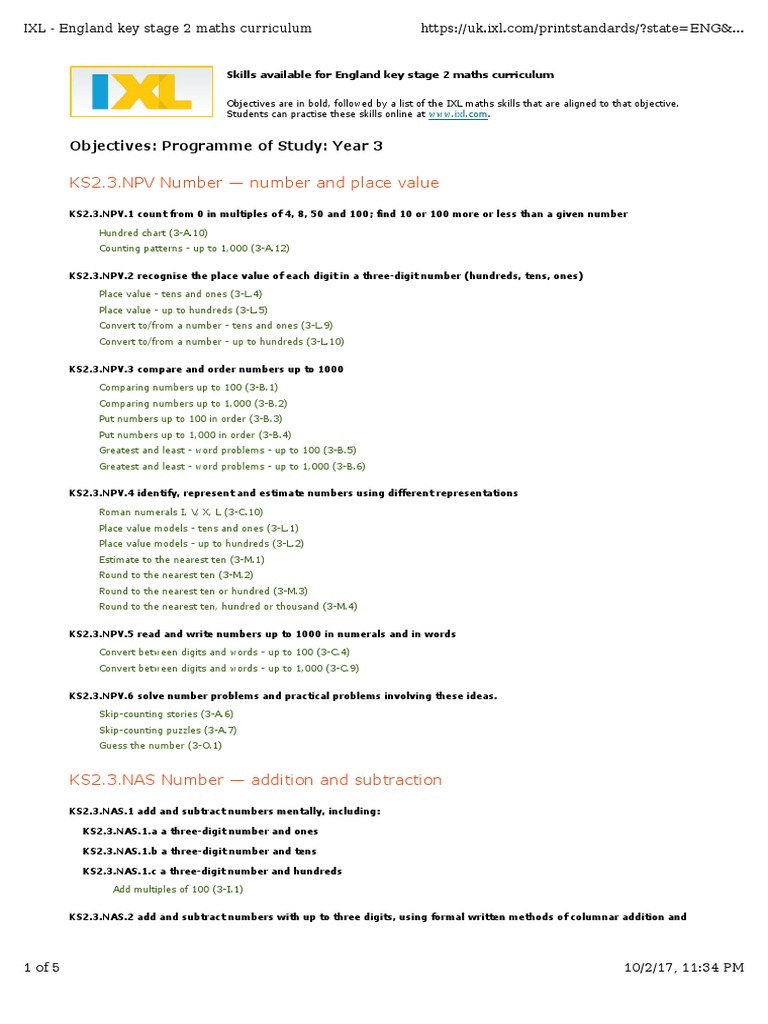 Key Stage 2 Maths Skills Alignment: England National Curriculum ...