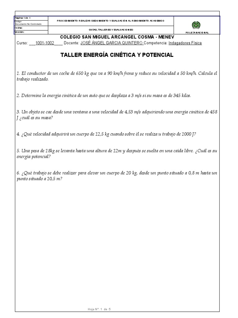 Taller de Energía Cinética y Potencial | PDF | Ciencia y matemáticas