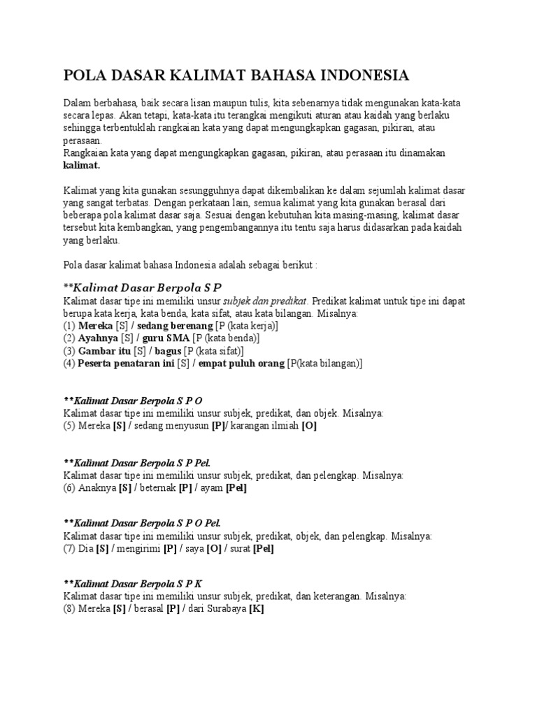 Pola Dasar Kalimat Bahasa Indonesia | PDF