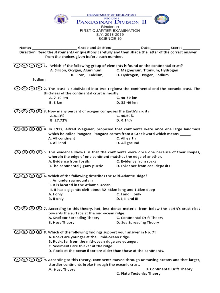 1ST Quarter Exam Science 10 | PDF | Plate Tectonics | Magnetic Field
