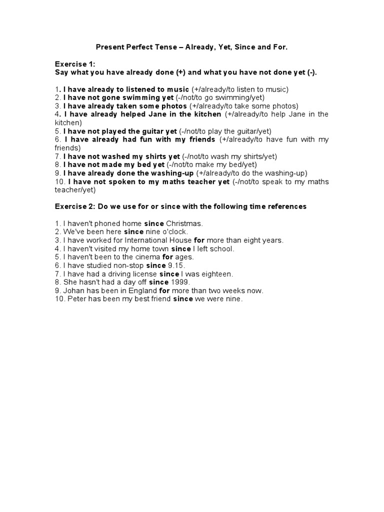 Present Perfect Tense - Already, Yet, Since and For. | PDF