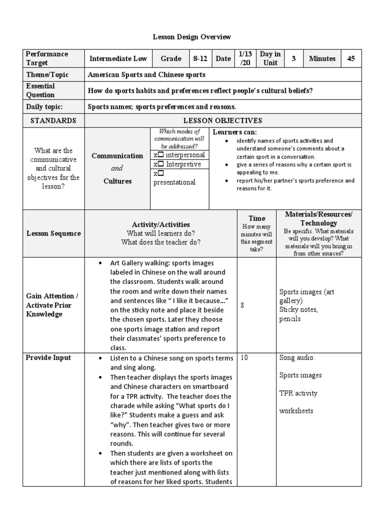 Sport Lesson Plan | PDF | Lesson Plan | Learning