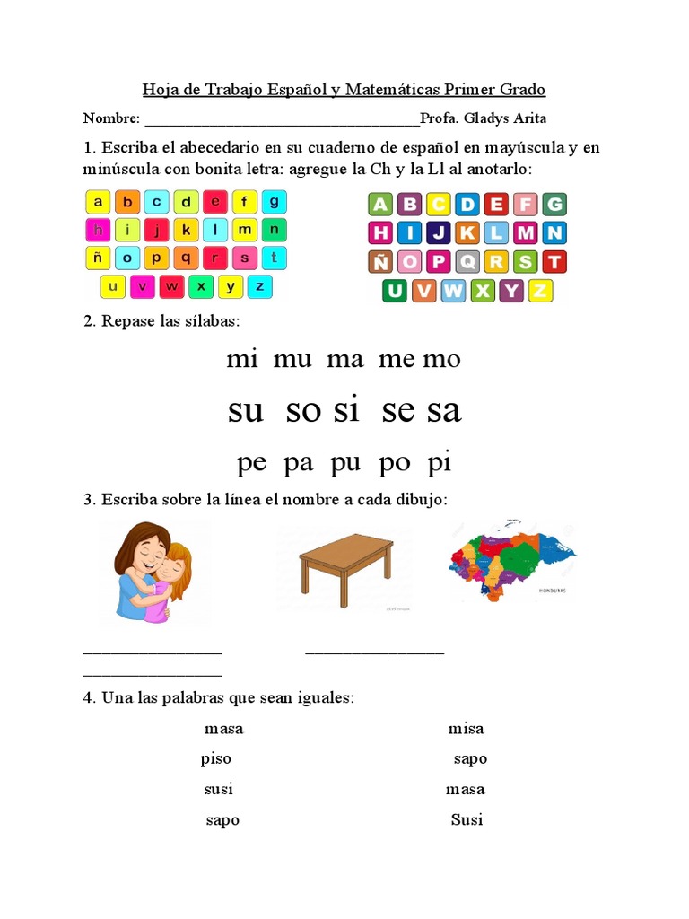 Hoja de Trabajo Español y Matemáticas Primer Grado | PDF