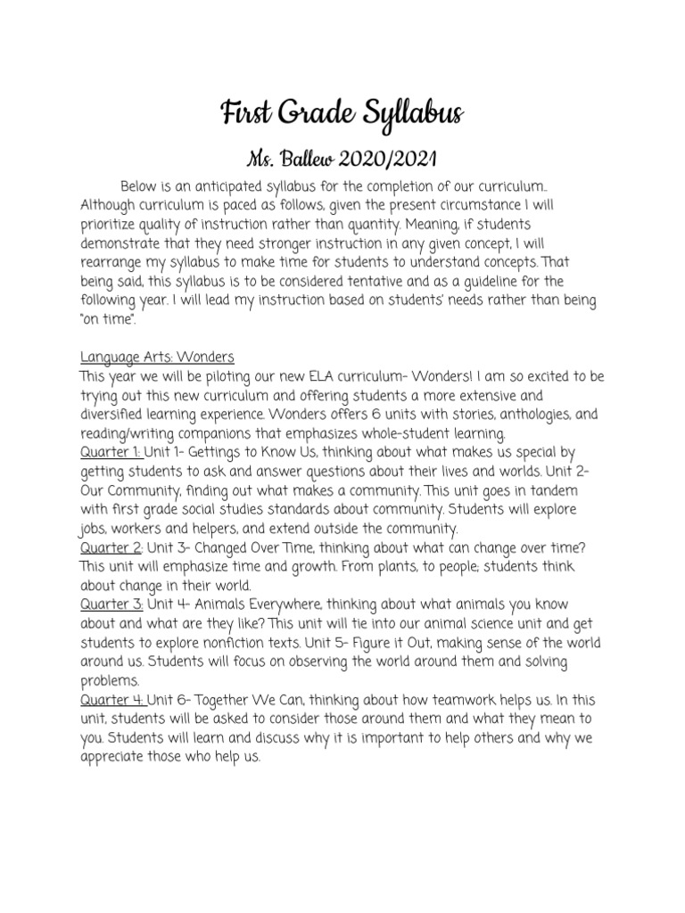 First Grade Syllabus | Download Free PDF | Common Core State Standards ...