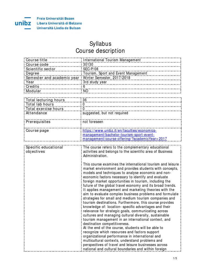 Syllabus Course Description: Management/Bachelor-Tourism-Sport-Event ...