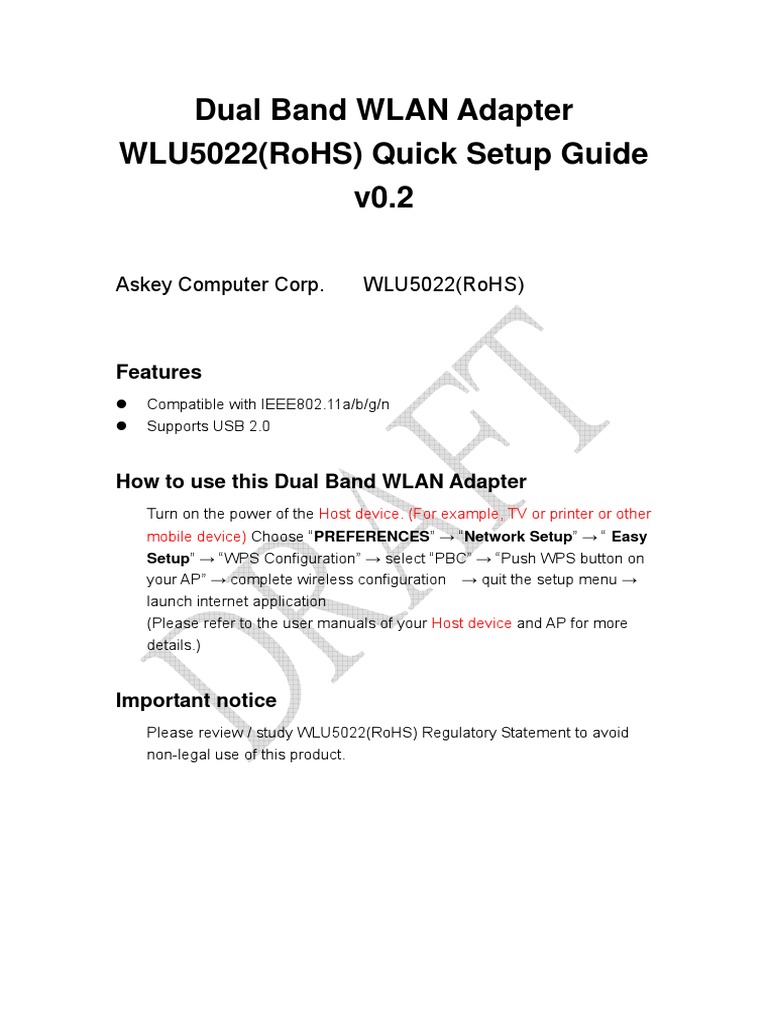 Dual Band Wlan Adapter Wlu5022 (Rohs) Quick Setup Guide V0.2 | PDF ...
