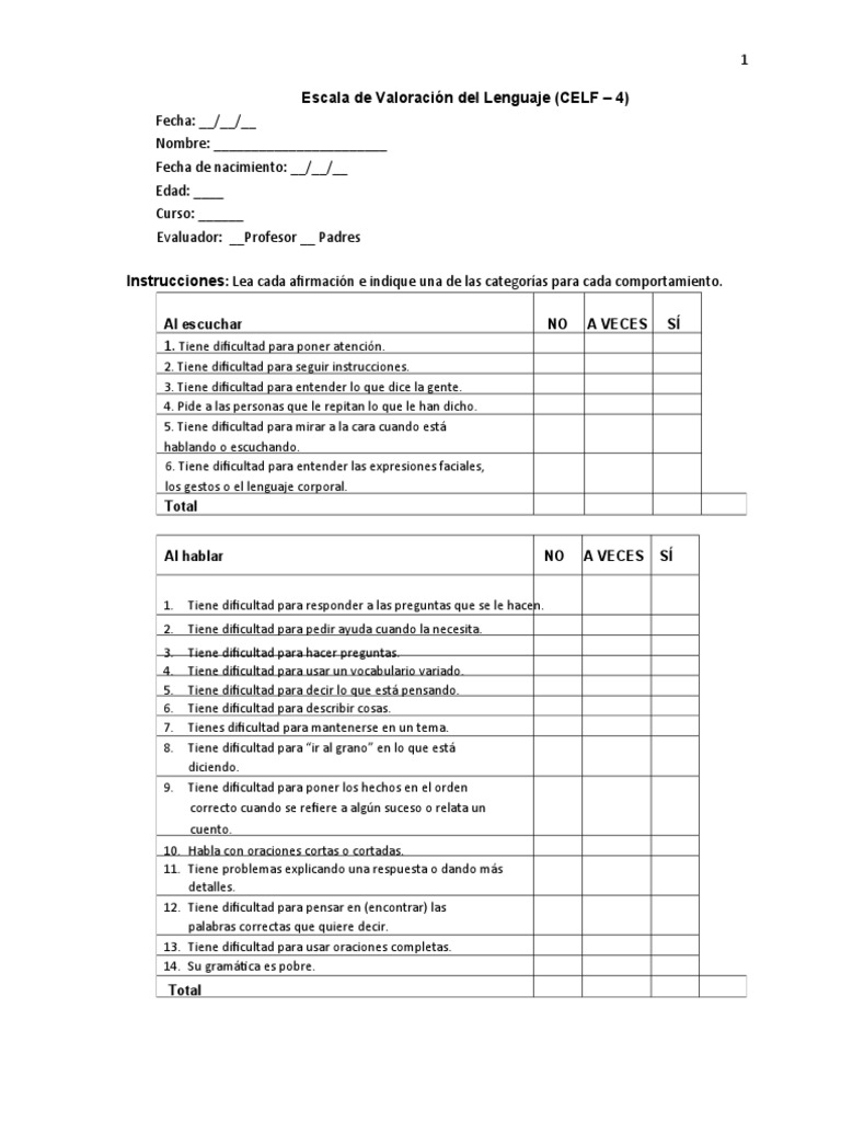CELF 4 Escala de Valoración Del Lenguaje | PDF