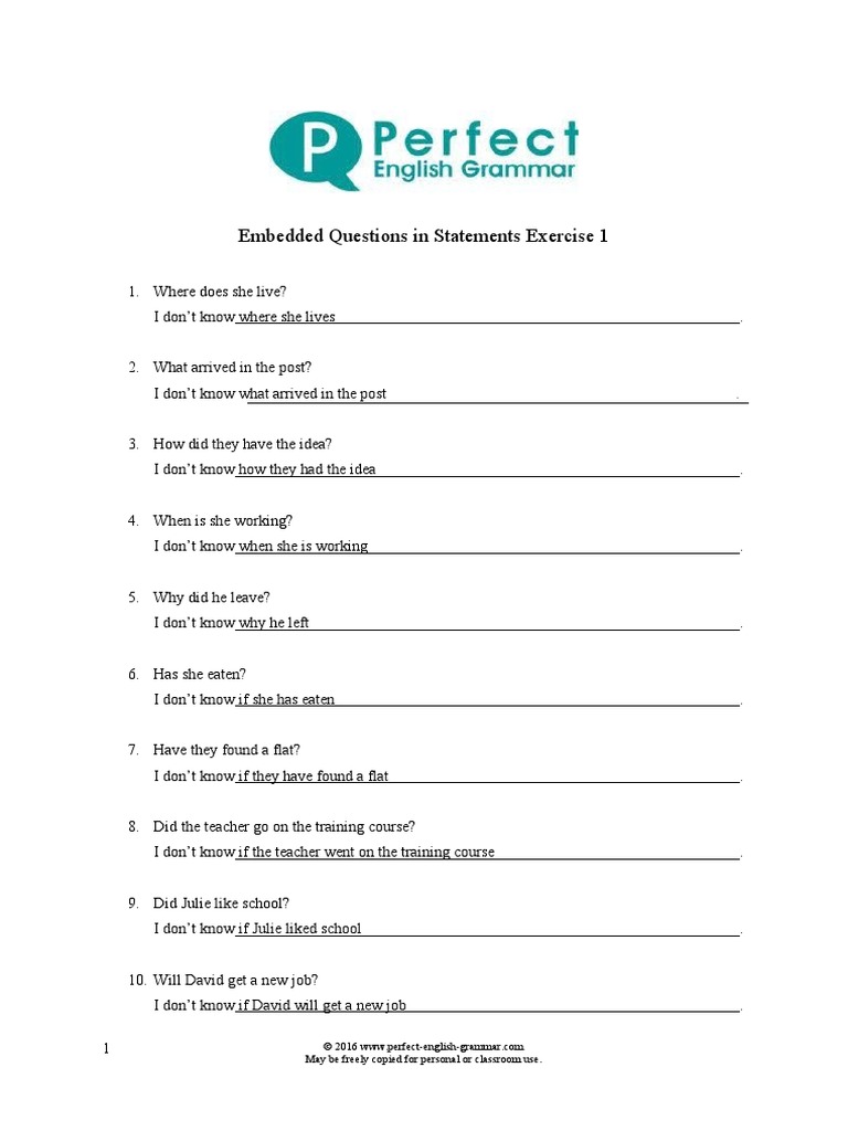 Embedded Questions in Statements Exercise 1: May Be Freely Copied For Personal or Classroom Use ...