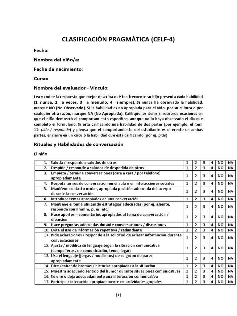 Celf 4 Clasificación Pragmática | Descargar gratis PDF | Science | Ciencia y Tecnología