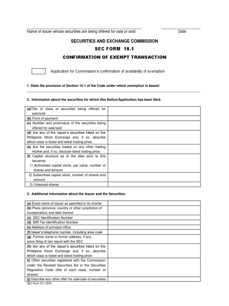 Confirmation of Exempt Transaction: Sec Form 10.1 | PDF