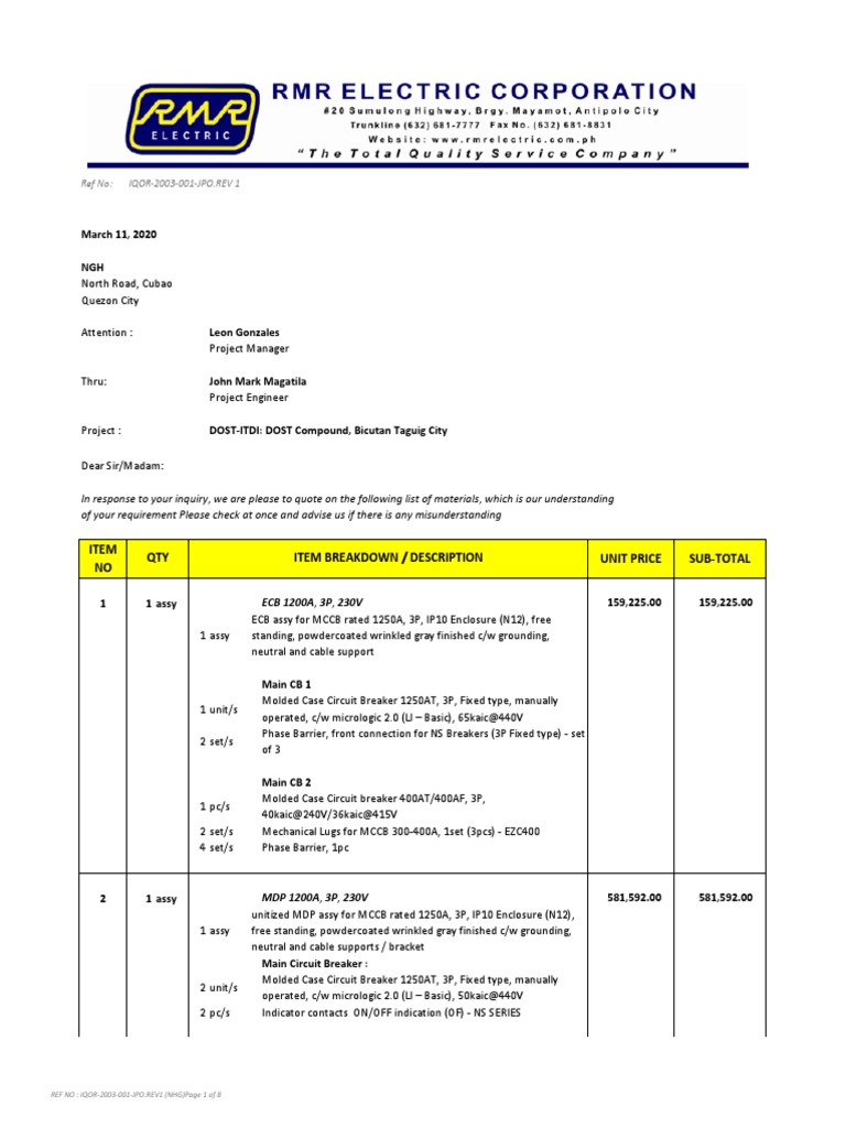 Panel Boards Quotation | PDF | Equipment | Electrical Wiring
