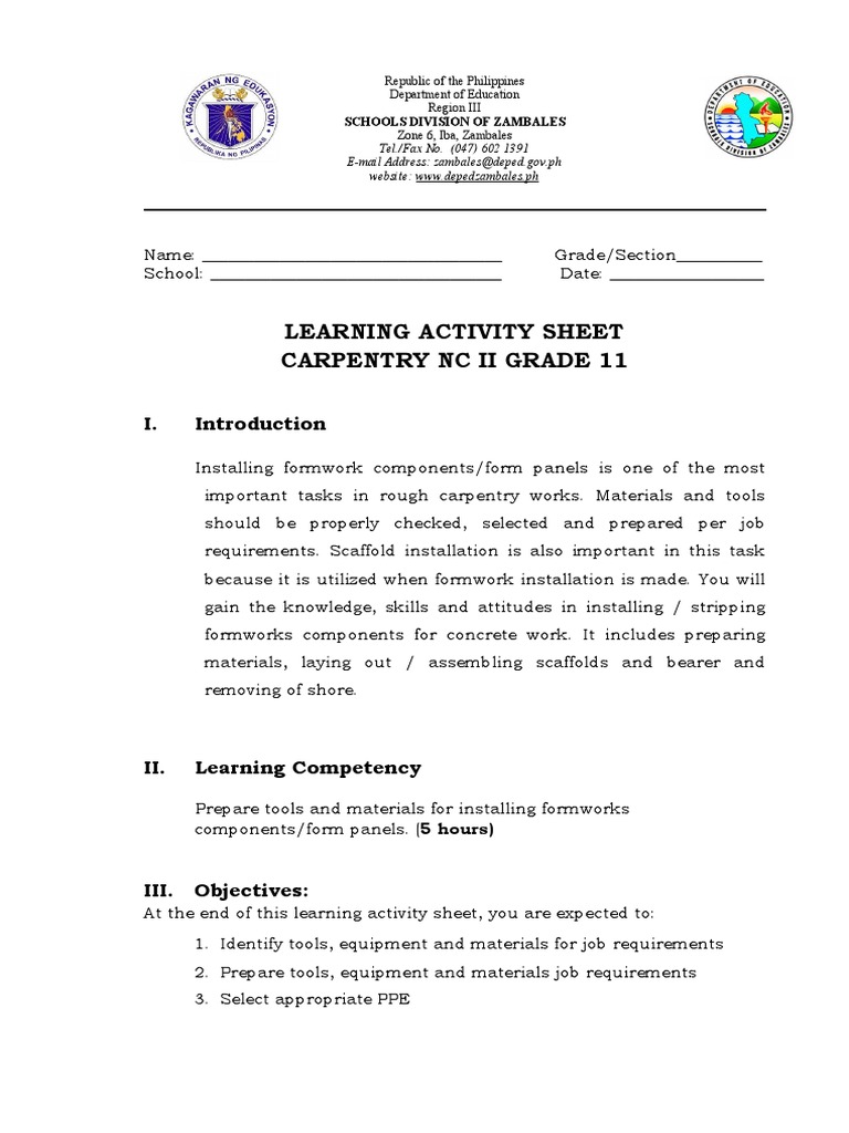Learning Activity Sheet Carpentry NC Ii Grade 11 | PDF | Framing ...