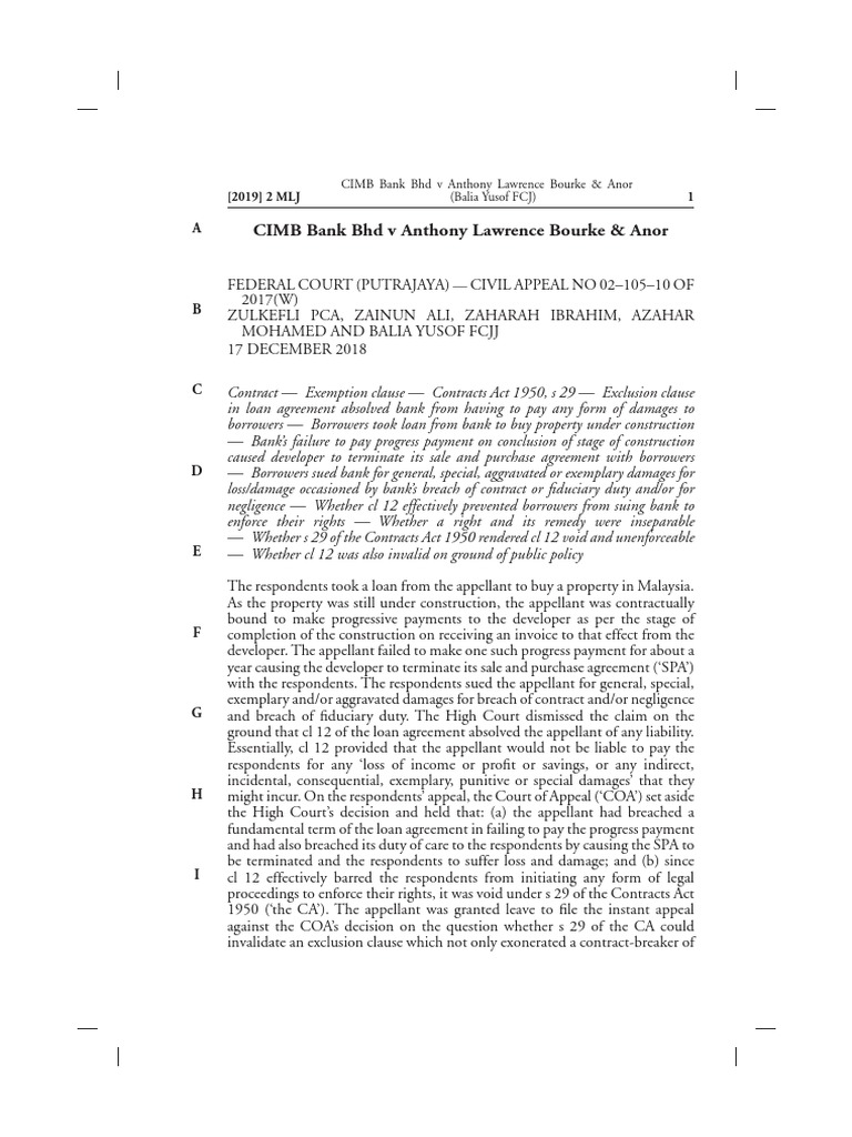CIMB Bank BHD V Anthony Lawrence Bourke & Anor | PDF | Damages | Breach ...