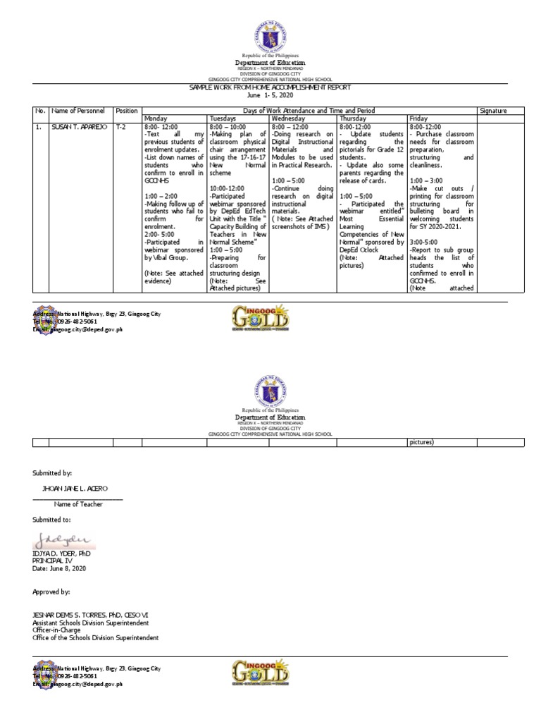 Sample Work From Home Accomplishment Report | PDF | Classroom | Teaching