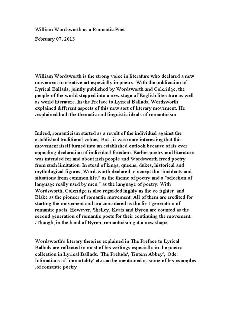 William Wordsworth As A Romantic Poet | PDF