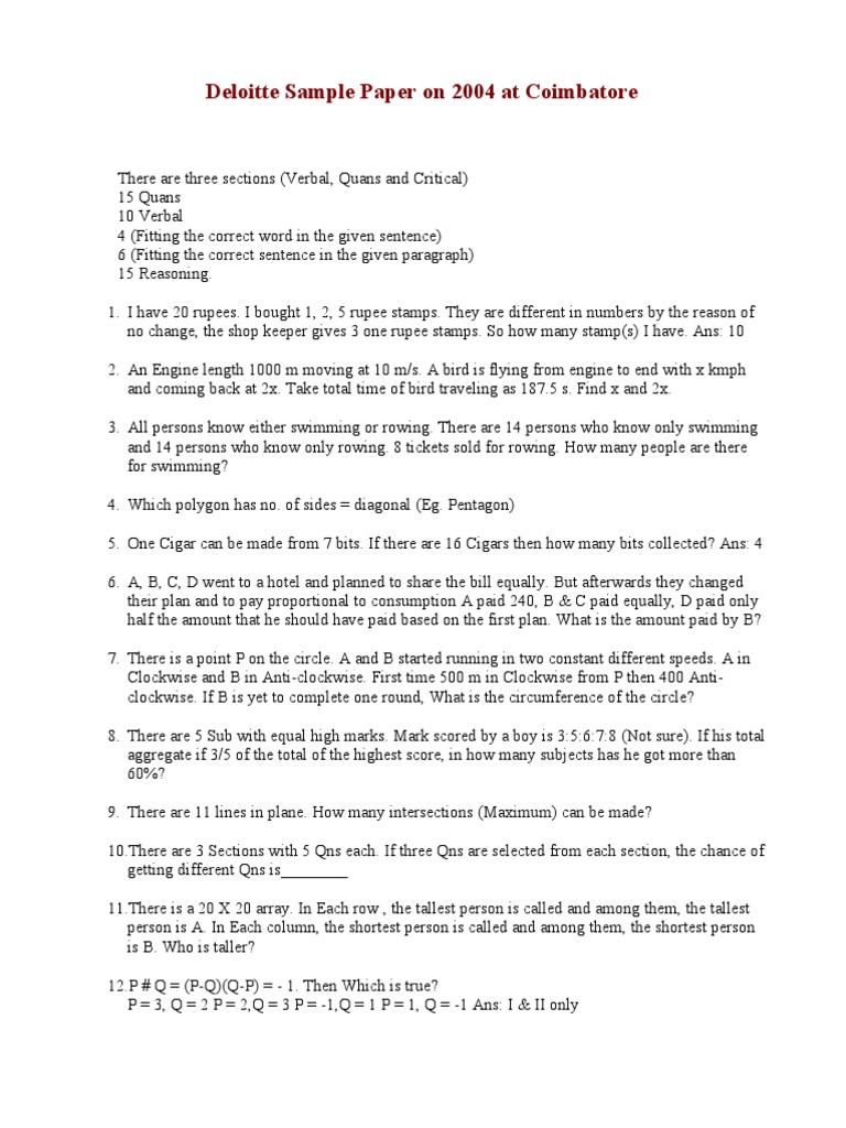 Deloitte Sample Paper On 2004 at Coimbatore | PDF