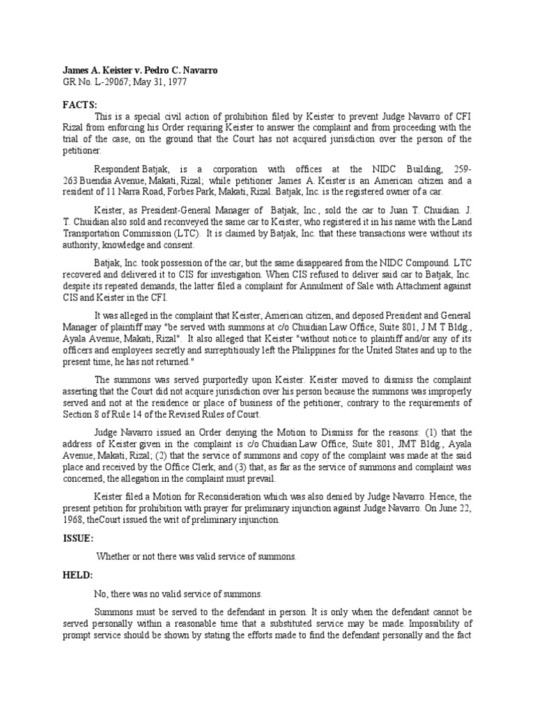 James A. Keister v. Pedro C. Navarro | PDF | Summons | Complaint