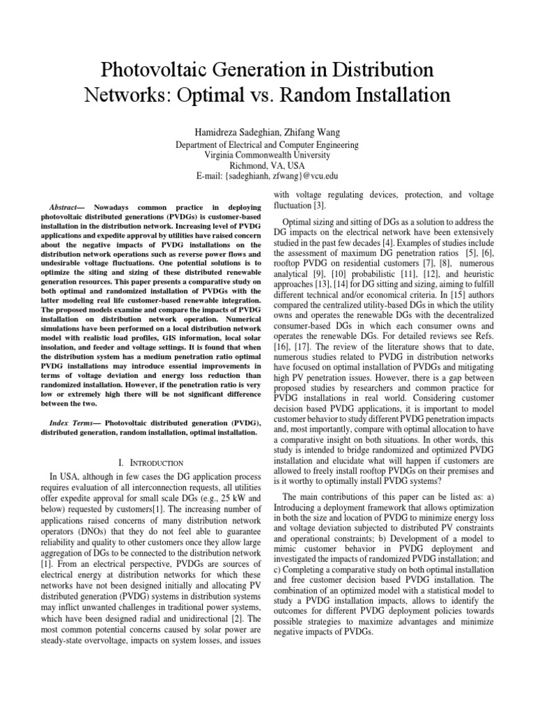 Photovoltaic Generation in Distribution Networks: Optimal vs. Random ...