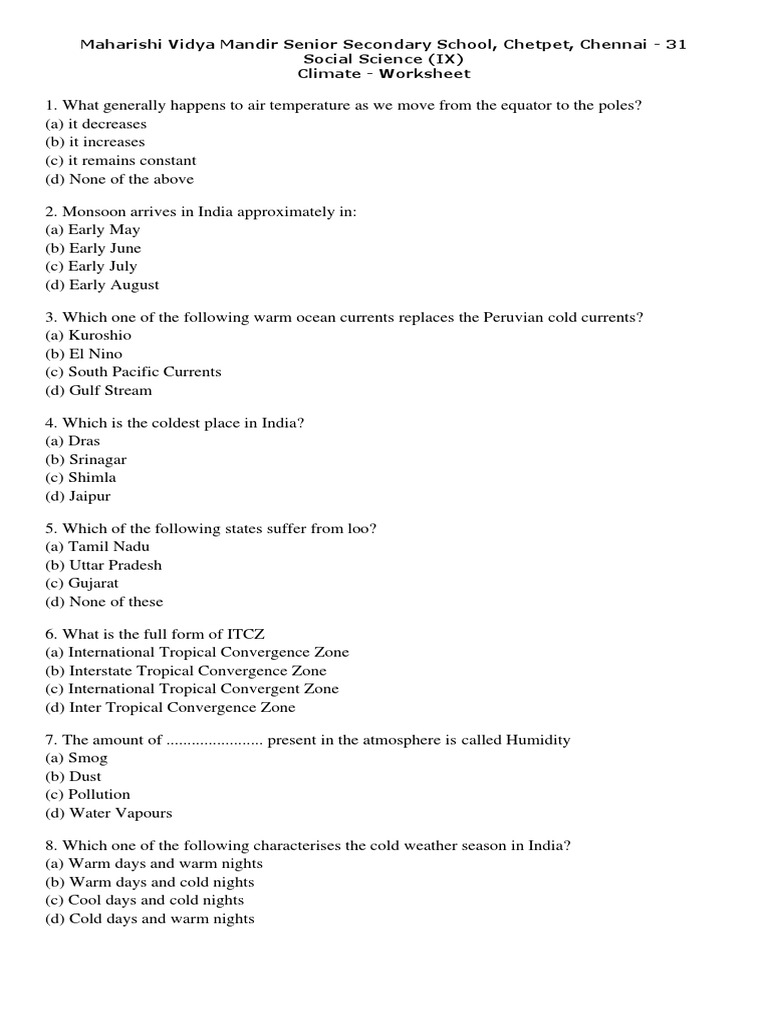 Climate Worksheet for IX Grade Students | PDF | Monsoon | Weather