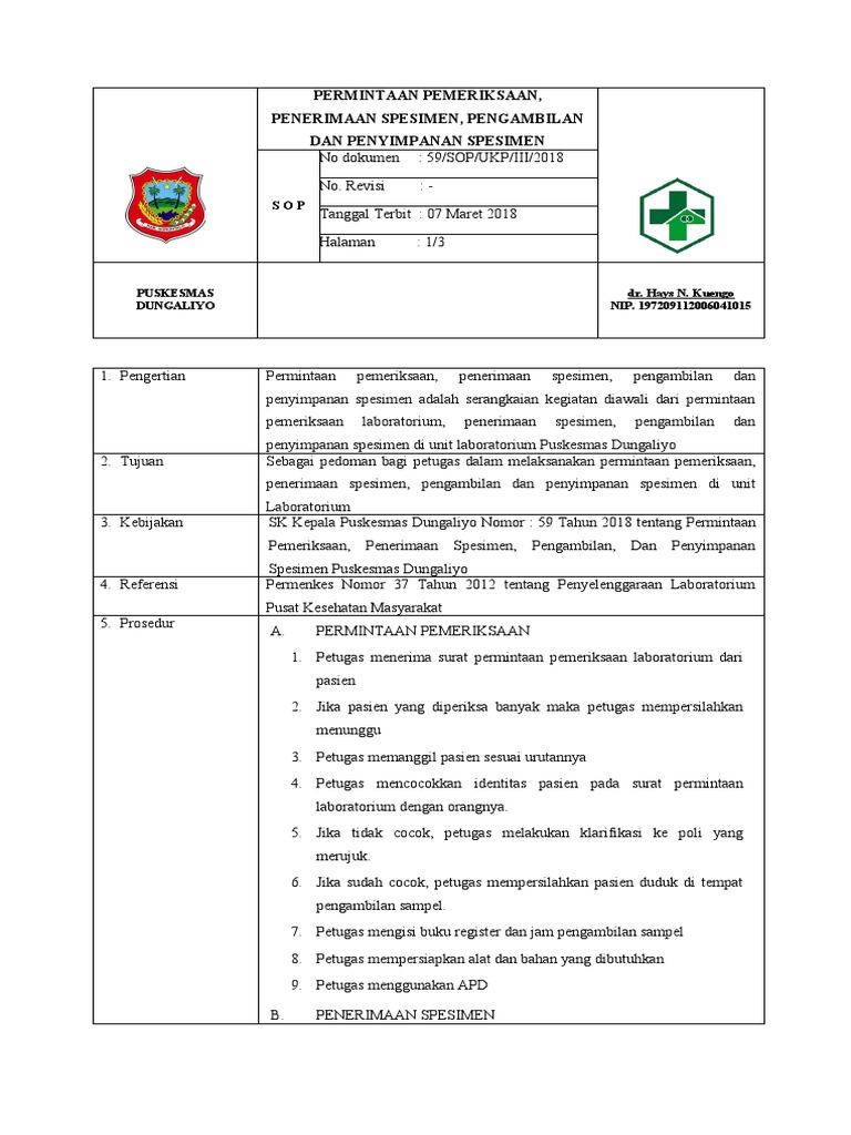 Sop Permintaan Pemeriksaan, Penerimaan Spesimen, Pengambilan Dan ...